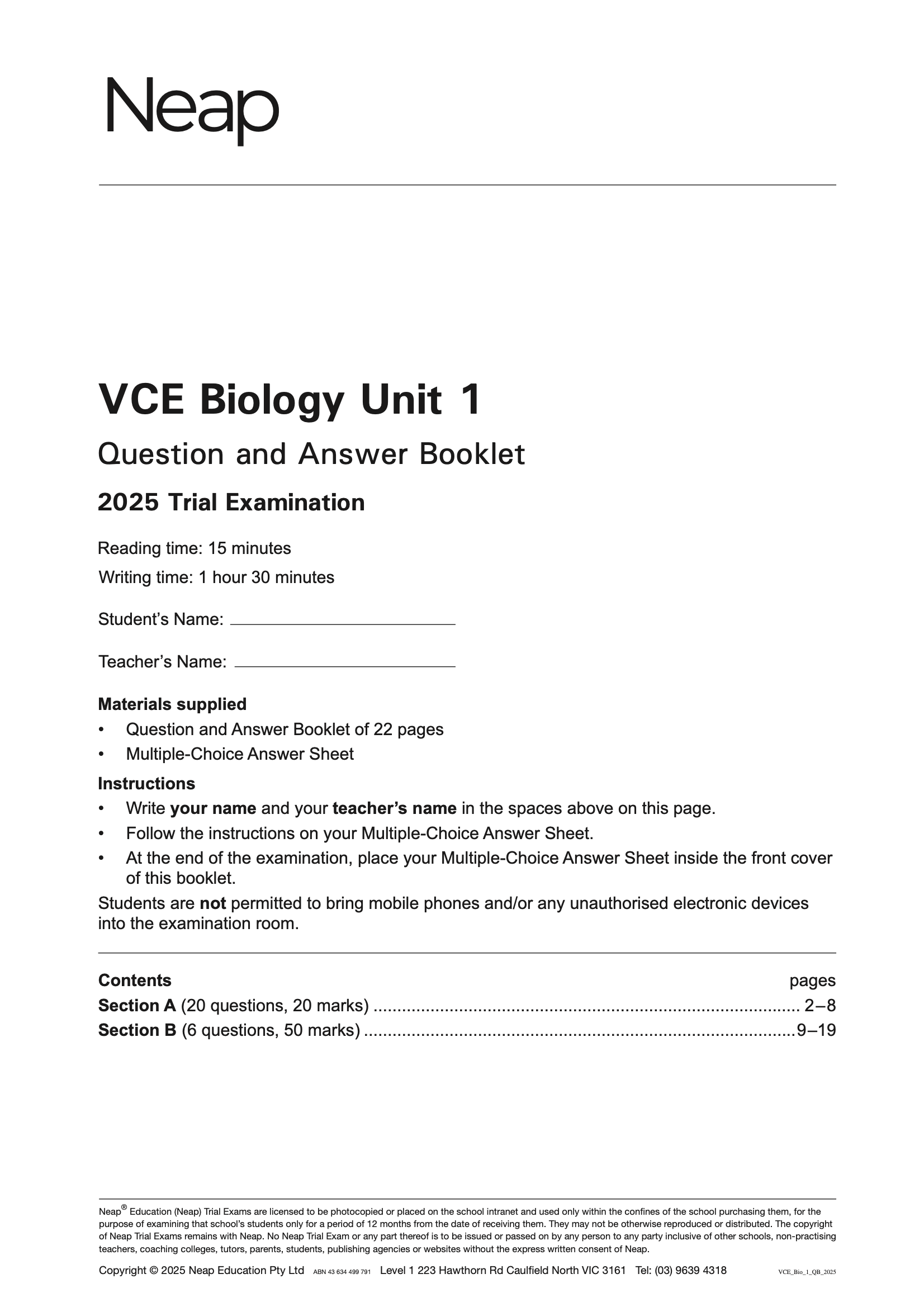VCE Biology Units 1&2 Trial Exams