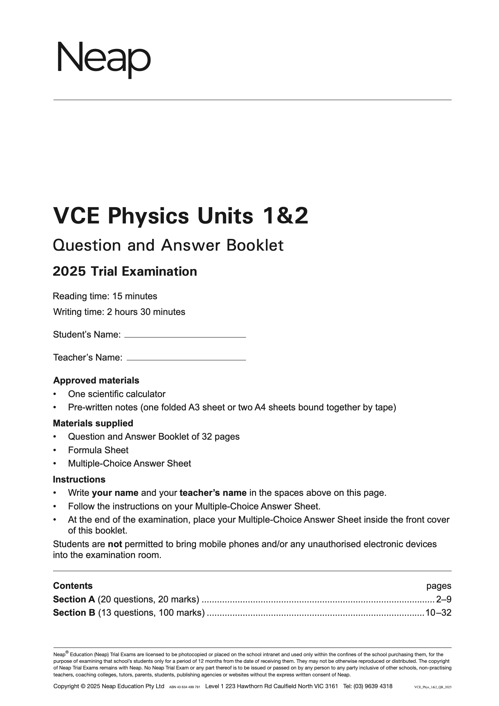 VCE Physics Units 1&2 Trial Exams