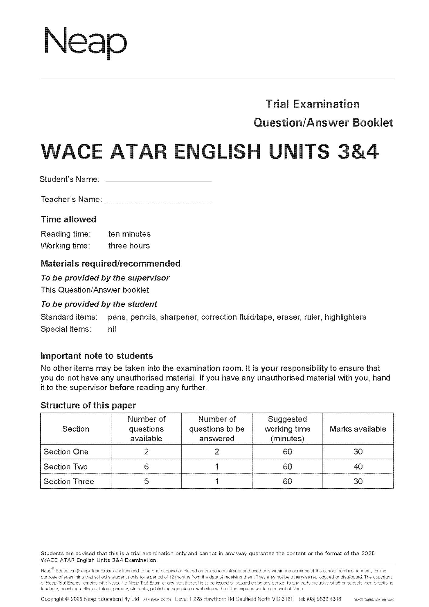 WACE ATAR English Units 3&4