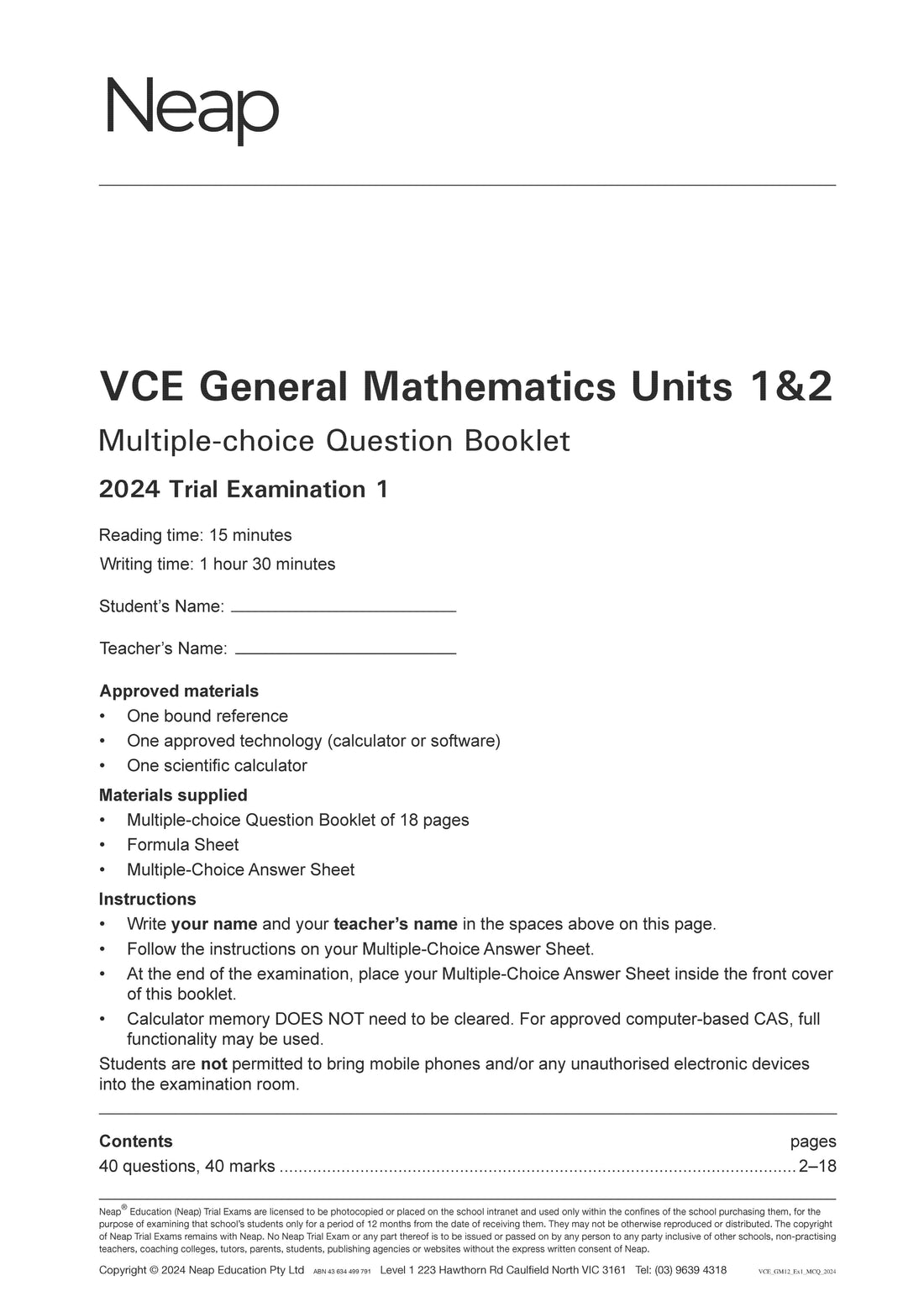 Neap Practice Exam Pack: VCE General Mathematics Units 1&2 (2 Exams)
