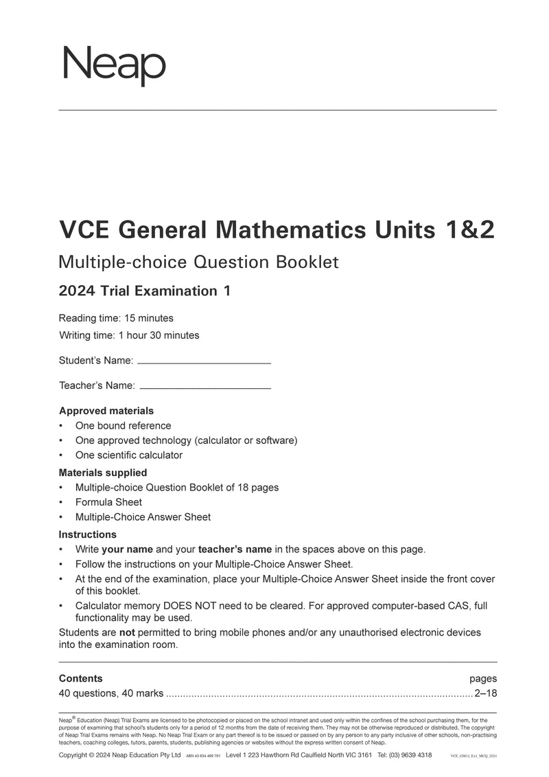 Neap Practice Exam Pack: VCE General Mathematics Units 1&2 2026 Editio