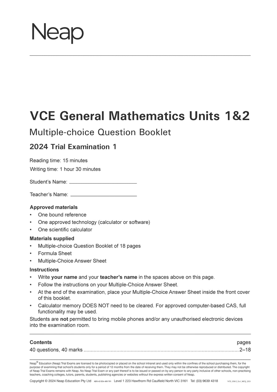 Neap Practice Exam Pack: VCE General Mathematics Units 1&2 (2 Exams)
